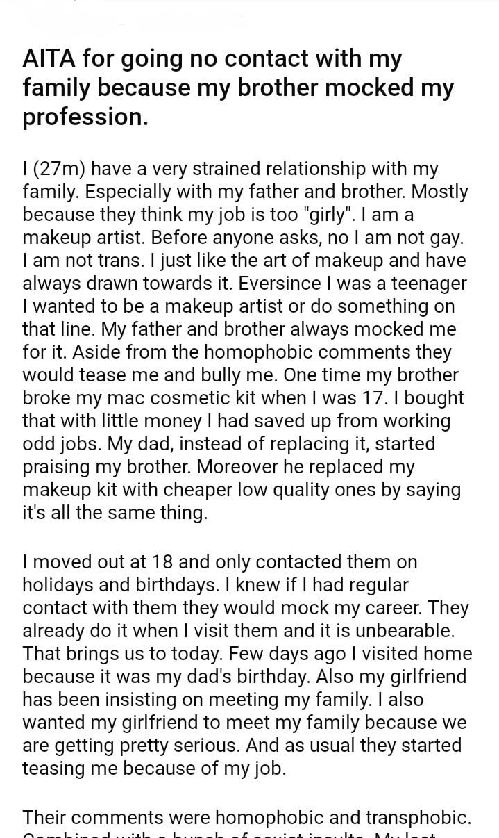 AITA for going no contact with my family because my brother mocked my profession. – DJOTD.com