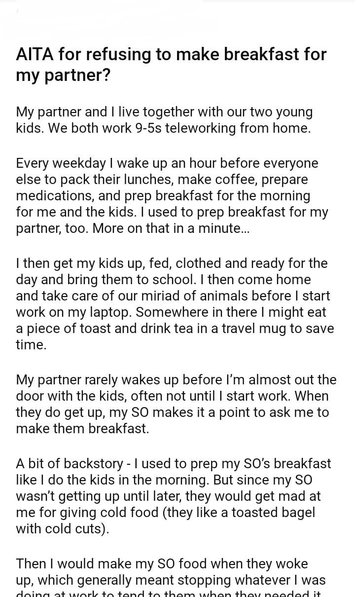 AITA for refusing to make breakfast for my partner? – DJOTD.com
