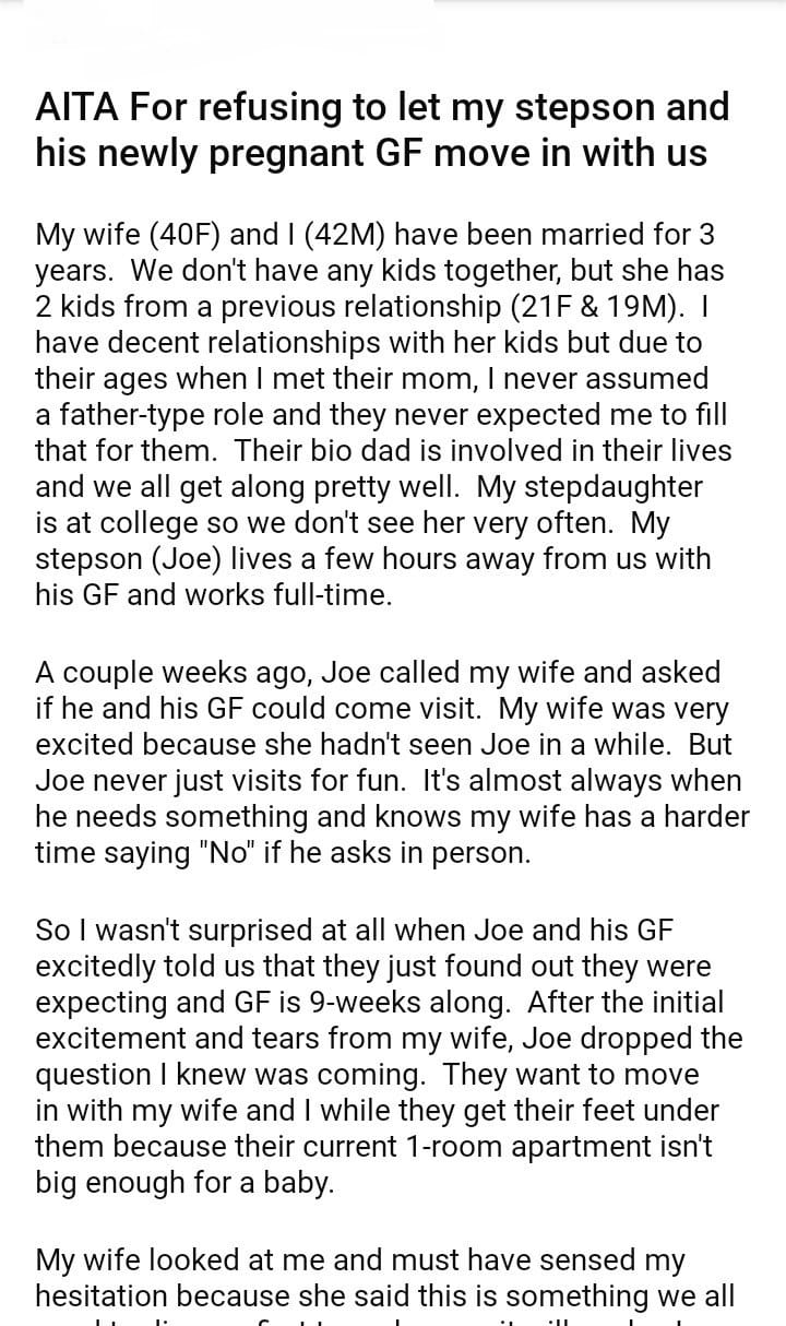 Aita For My Stepson And His Newly Pregnant Gf