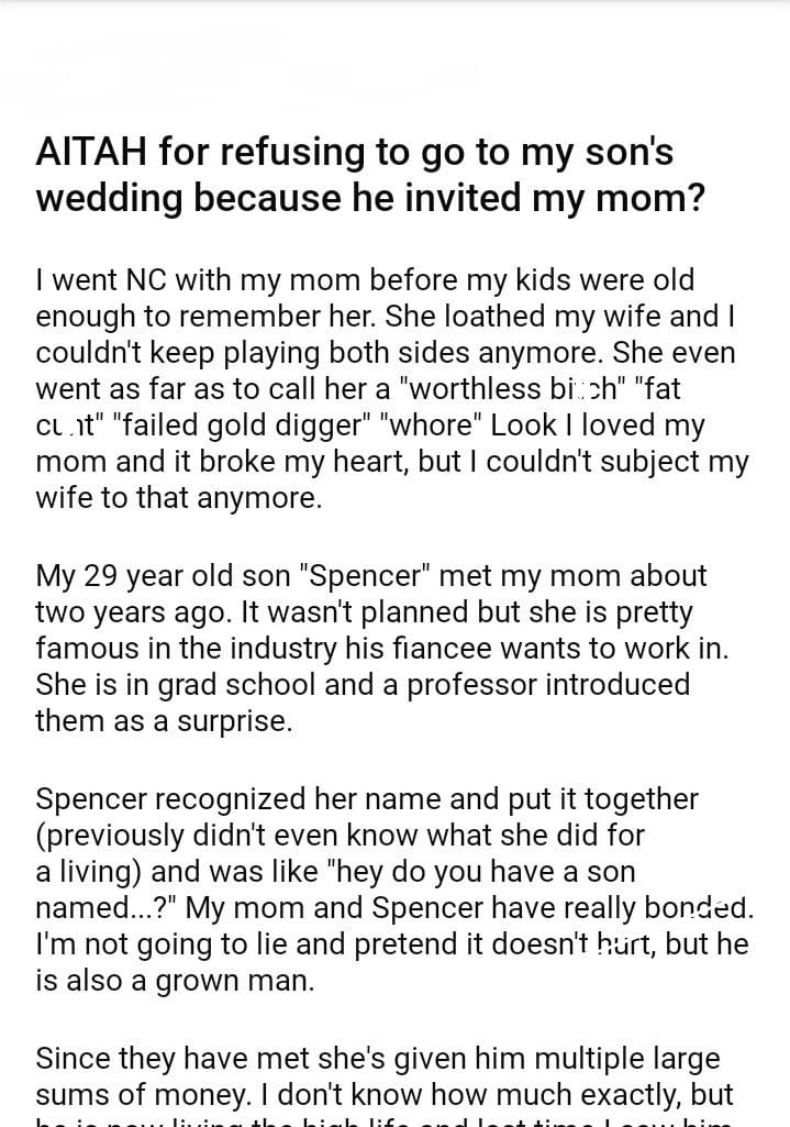 AITAH for refusing to go to my son’s wedding because he invited my mom? – DJOTD.com