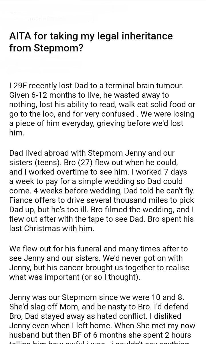 Aita For Taking My Inheritance From Stepmom