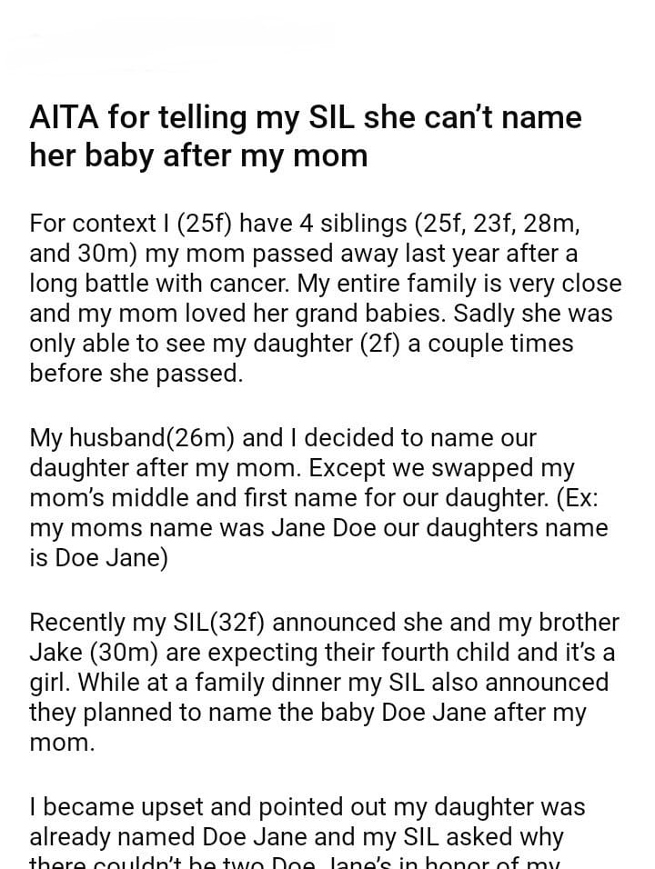 AITA for telling my SIL she can’t name her baby after my mom – DJOTD.com