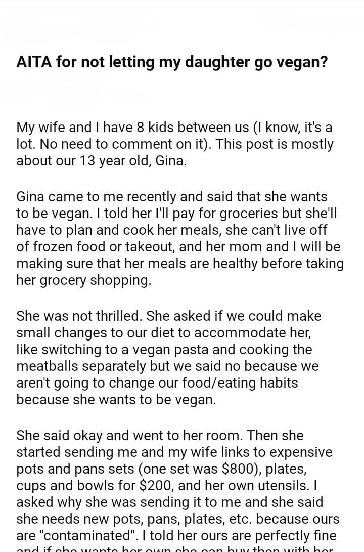 AITA for not letting my daughter go vegan? – DJOTD.com