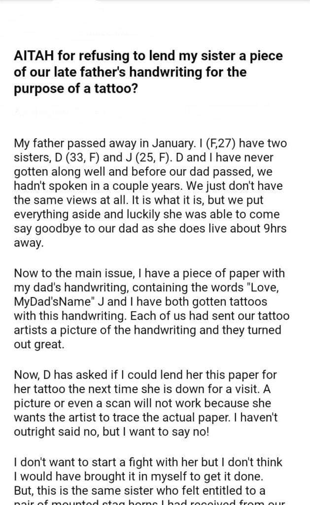 AITAH for refusing to lend my sister a piece of our father’s handwriting – DJOTD.com