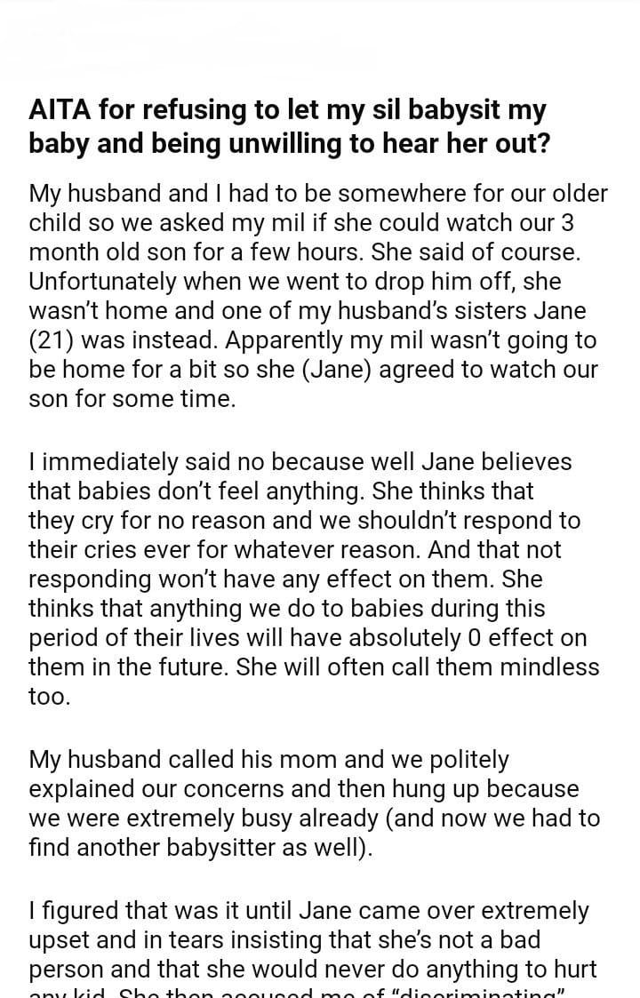 AITA for refusing to let my sil babysit my baby – DJOTD.com
