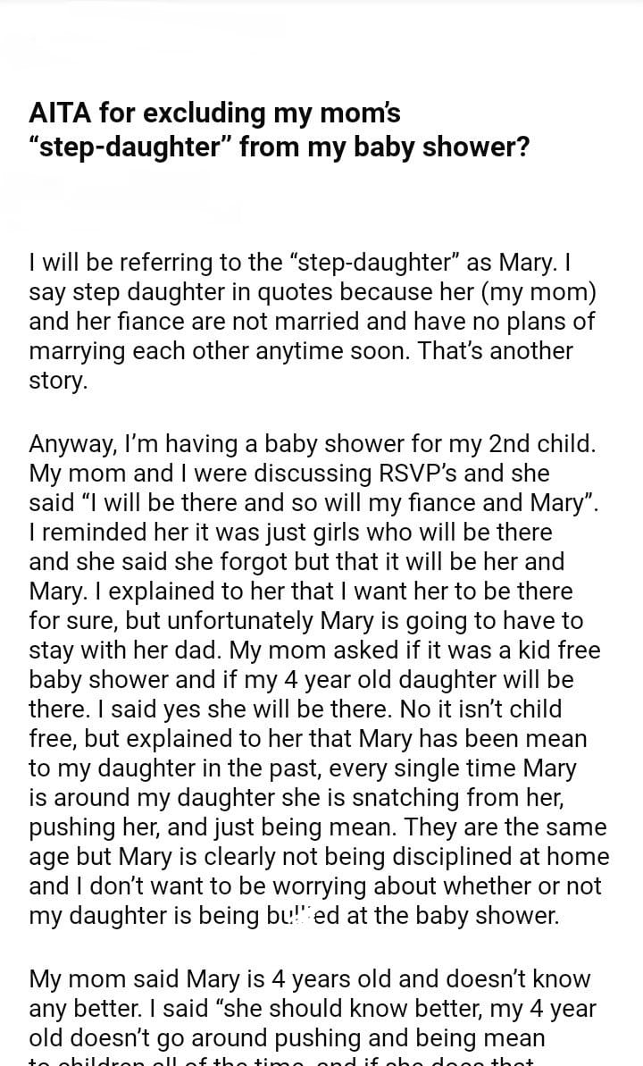 AITA for my mom’s “step-daughter” from my baby shower? – DJOTD.com